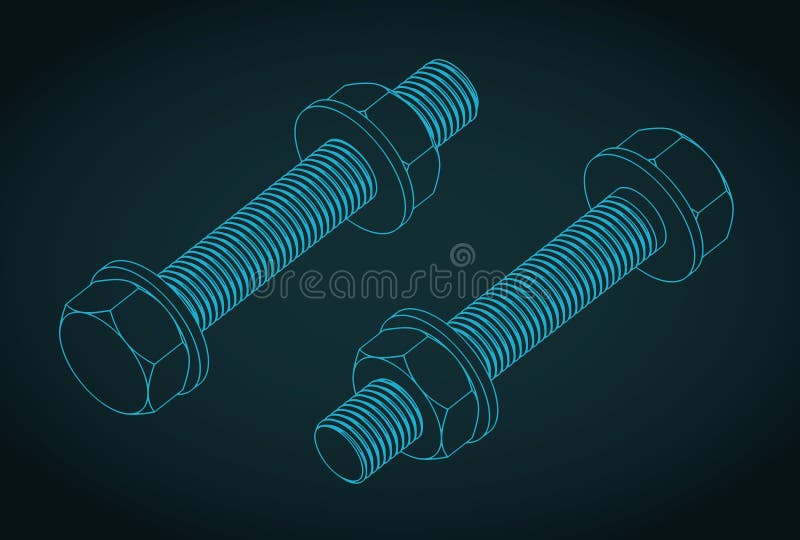 Hex Bolt, Nut and Washer Isometric Blueprint Illustration Stock Vector ...