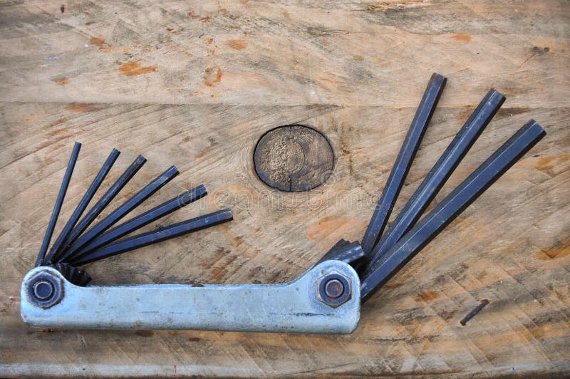 Hex Set of Hand Tools on Wooden Background, Tools Equipment Stock Photo ...