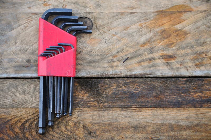 Hex Set of Hand Tools on Wooden Background, Tools Equipment Stock Photo ...