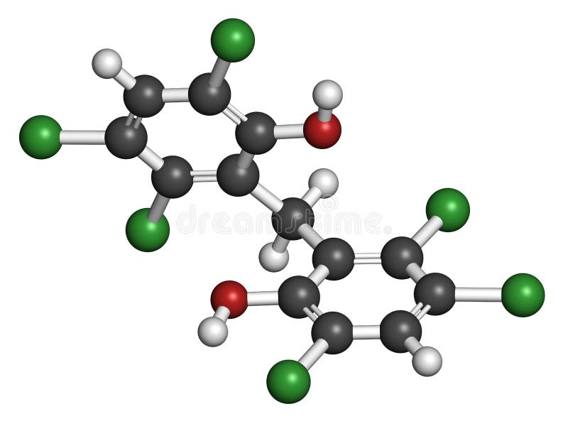 Hexachlorophene Disinfectant Molecule. 3D Rendering. Atoms are ...