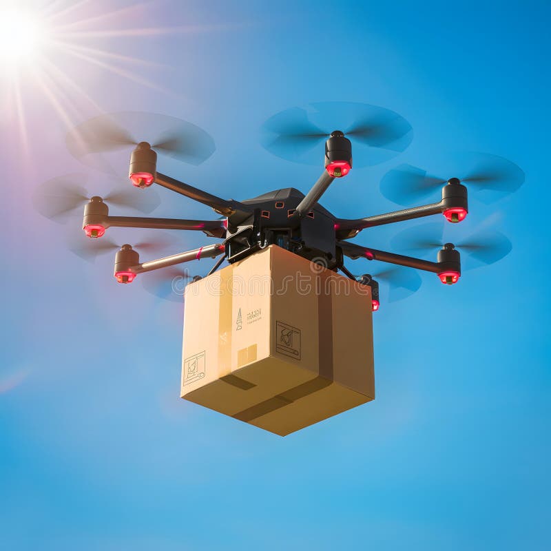 Hexacopter Drone in Flight Against Clear Blue Sky, Carrying Rectangular ...