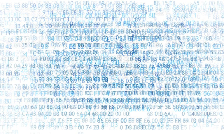 Hexadecimal Code Running Up a Computer Screen on Black Background. Blue ...