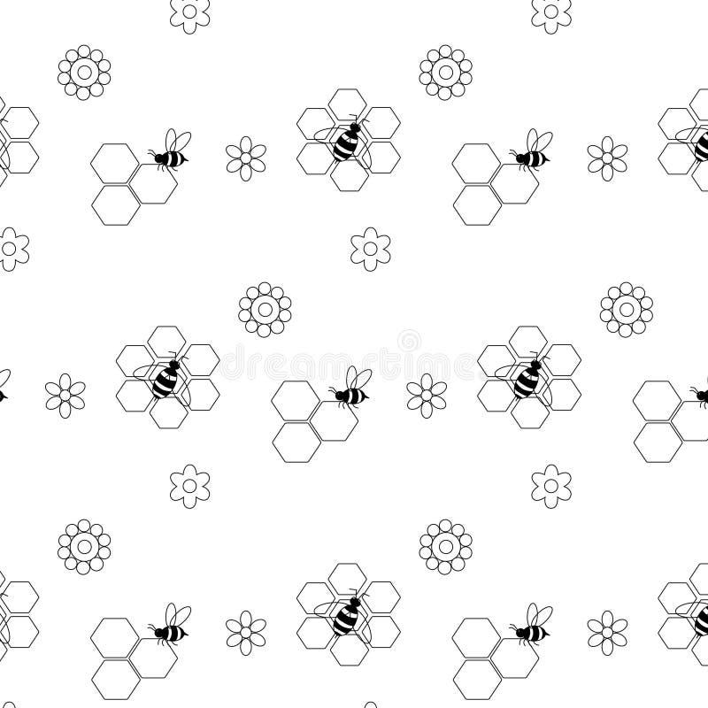 Hexagon with Bees and Flowers Seamless Pattern. Vector Graphic Line ...