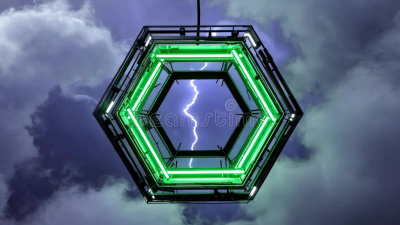 Hexagon Green Neon Light with Lightning in a Cloudy Sky Stock Footage ...