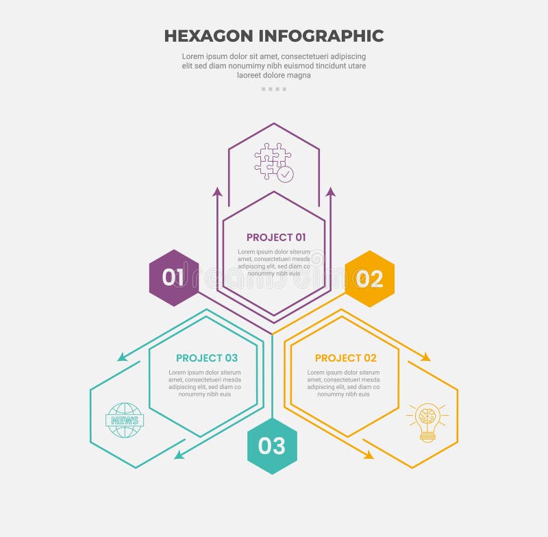 Hexagon or Hexagonal Base Shape Infographic Outline Style with 3 Point ...