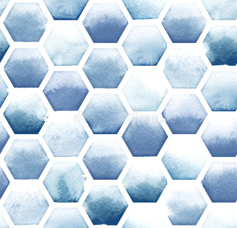 Hexagon Pattern of Blue Colors on White Background. Watercolor Seamless ...