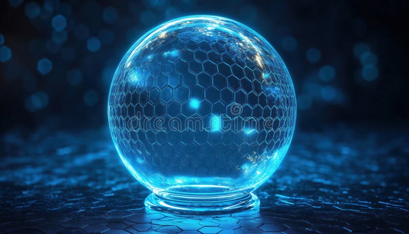 Hexagon Pattern Glass Dome Shield on Blue Background: Glowing Bubble ...