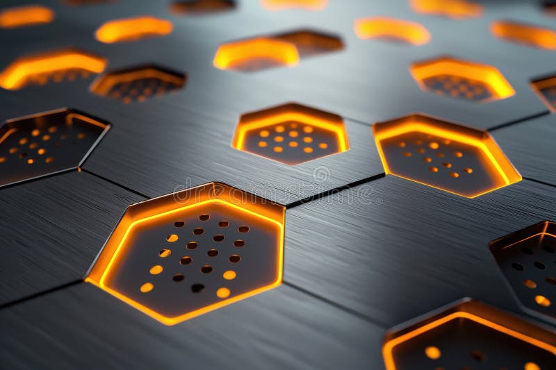 Hexagon Pattern on Metallic Surface with Glowing Orange Lights Stock ...