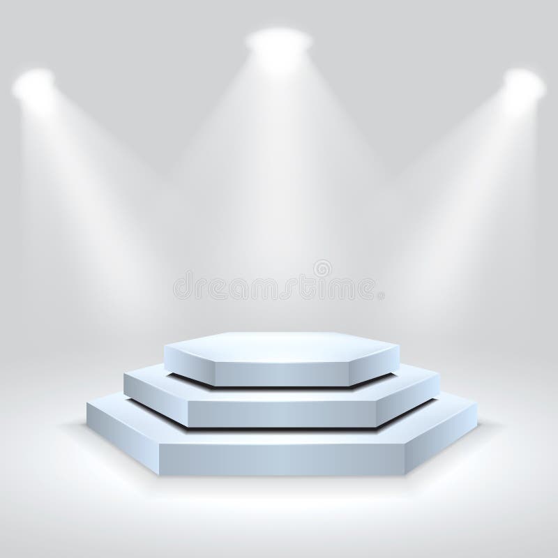 Hexagon Podium Illuminated by Spotlights. Empty Ceremony Pedestal ...