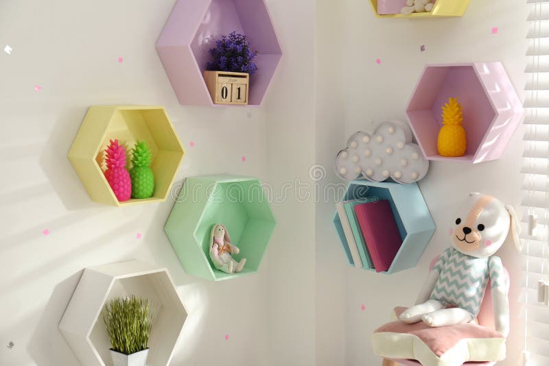 Hexagon Shaped Shelves on White Wall. Interior Design Stock Photo ...