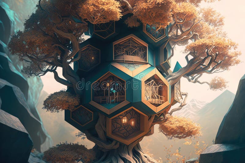 Hexagon Tree House Fantasy World Stock Illustration - Illustration of ...