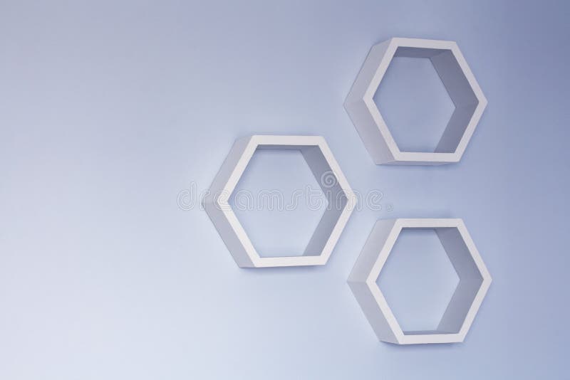 Hexagon Wooden White Shelf on a Blue Wall Stock Image - Image of cozy ...