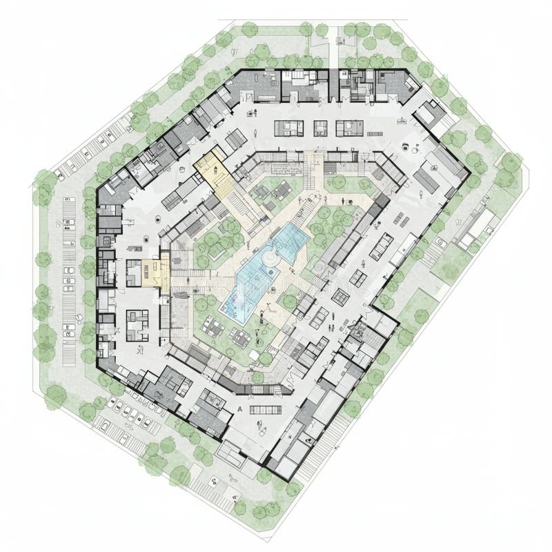 Hexagonal Apartment Layout with a Central Courtyard Featuring a Pool ...