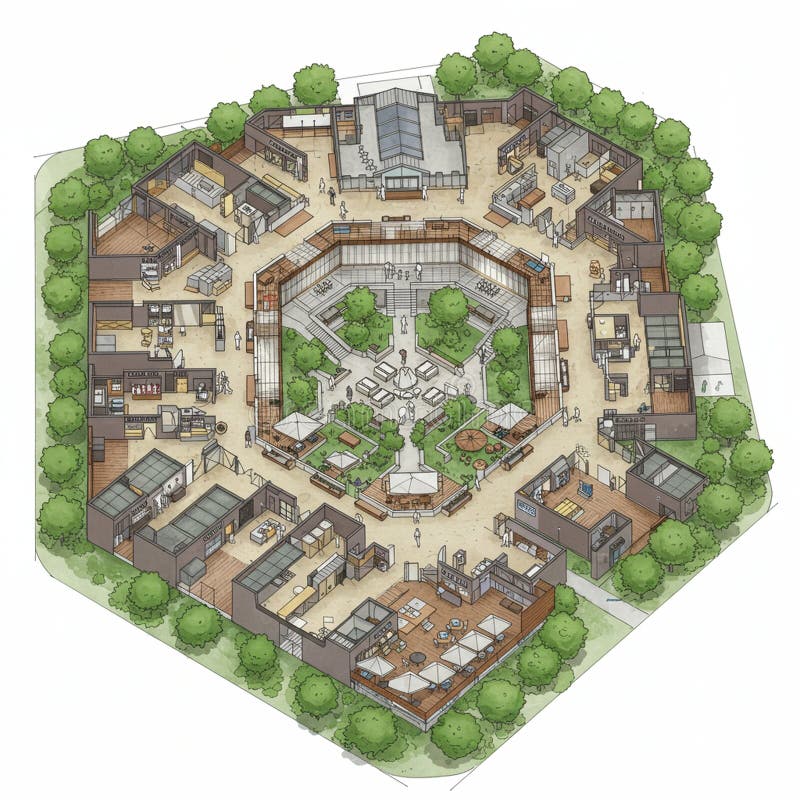 A Hexagonal Architectural Complex Features a Central Courtyard with ...