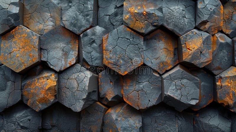 Hexagonal Basalt Rock Formations with Cracks and Orange Highlights ...