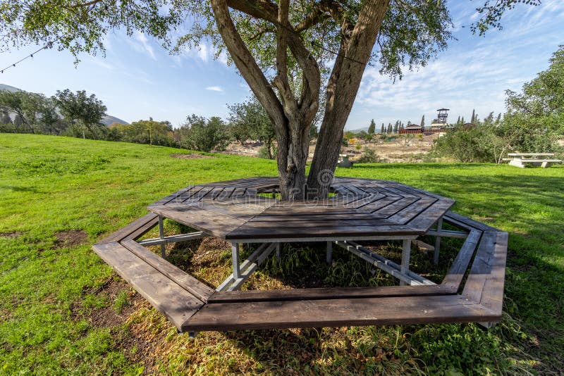 A Hexagonal Bench and Table Made of Wood Stock Image - Image of outdoor ...
