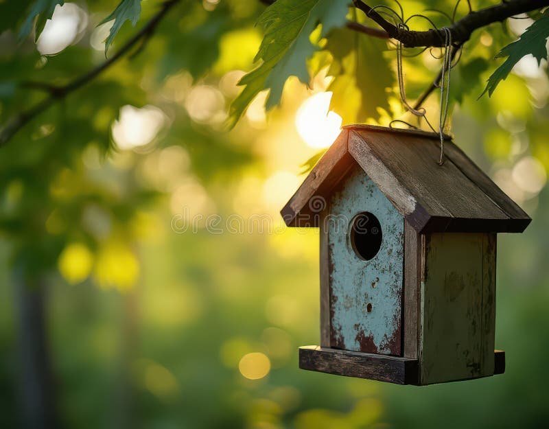 A Hexagonal Birdhouse Painted in Pastel Shades, Hanging between Thin ...