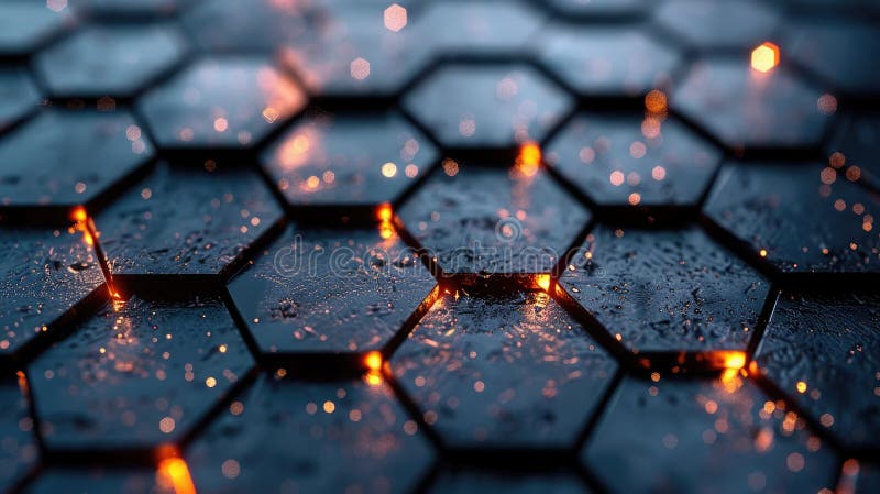 Hexagonal Black Tiles with Orange Backlight. Abstract Digital Rendering ...