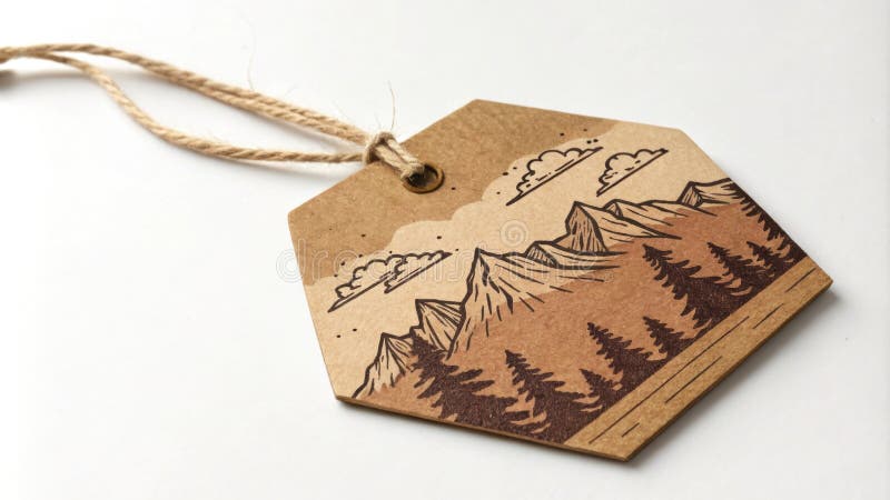 Hexagonal Cardboard Tag Showing Mountain Landscape with Pine Trees and ...