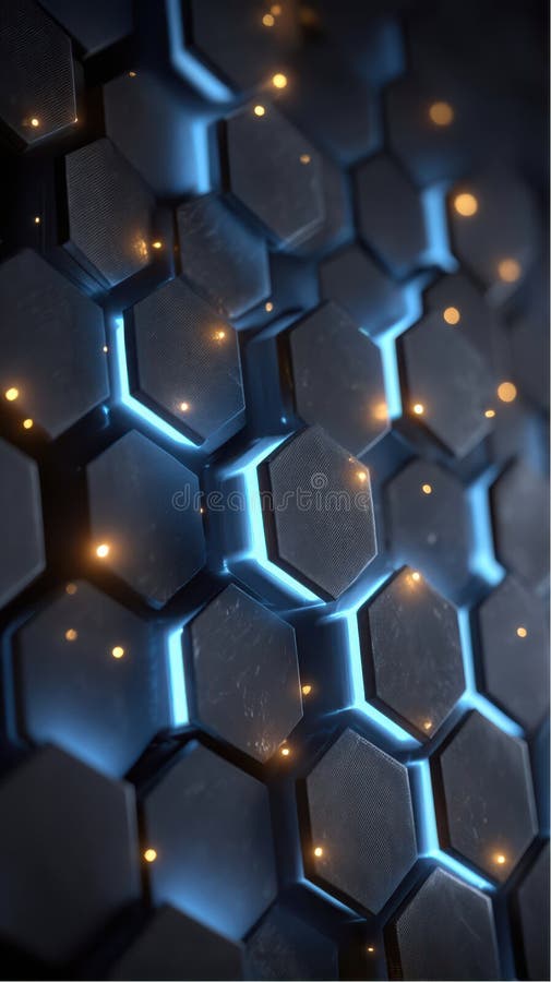 Hexagonal Cell Structure with Blue Glowing Edges and Golden Particles ...