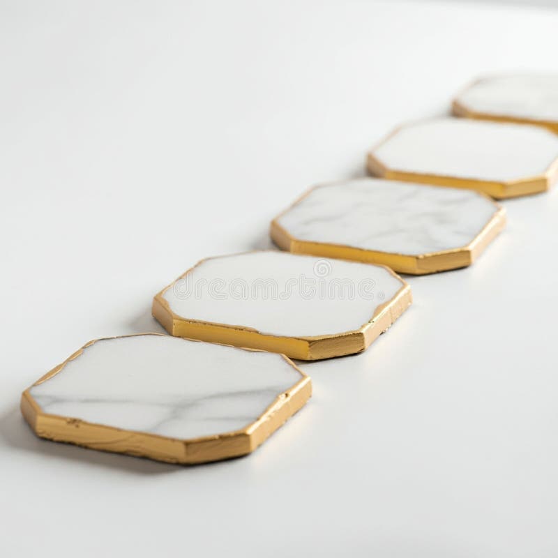 Hexagonal Coasters with White Marble Surfaces and Gold-colored Edges ...