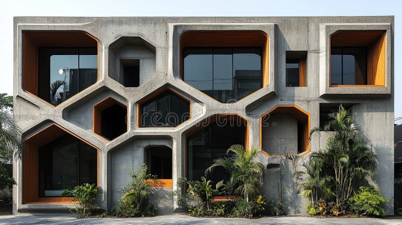 Hexagonal Concrete Building, Urban Facade, Tropical Plants, Sunlight ...
