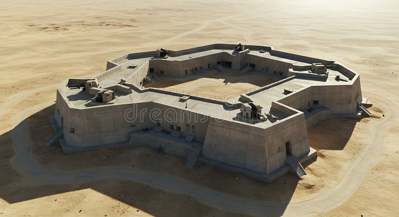Hexagonal Concrete Fortress in a Barren Desert Landscape. the Structure ...