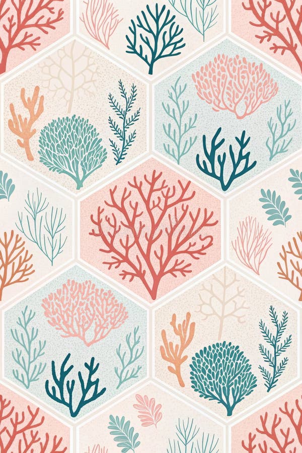 Colorful Coral Pattern with Abstract Marine Plants in Soft Pastel Tones ...
