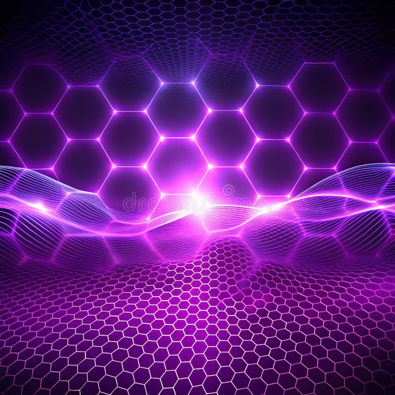 Hexagonal Glowing Grid with Electric Purple Waves Stock Illustration ...