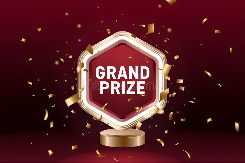 Hexagonal GRAND PRIZE Trophy with Golden Confetti on a Red Background ...