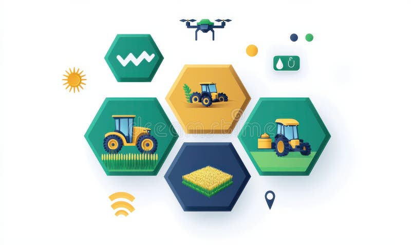 Hexagonal Grid of Agriculture Icons Featuring Tractors and Technology ...