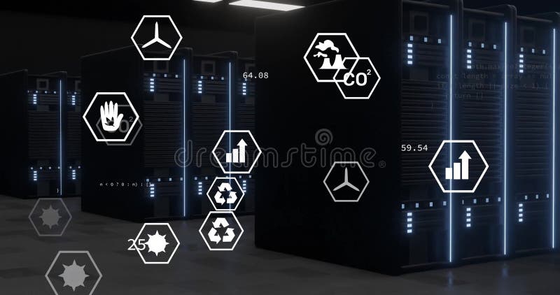 Hexagonal Icons and Data Analytics Animation Over Server Room Environment Stock Video - Video of ...