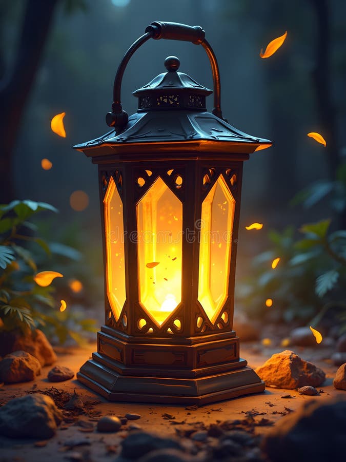 Hexagonal Lantern Illuminating a Forest with Floating Particles Stock ...