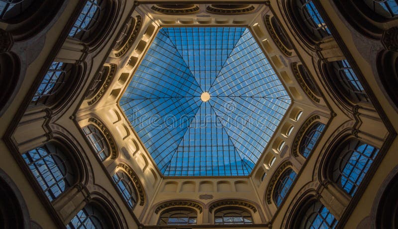Hexagonal Lead Glass Ceiling in Atrium Stock Photo - Image of tower ...