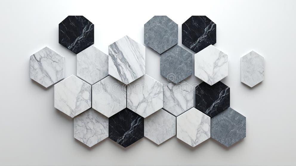 Hexagonal Marble Tiles on Wall: Modern Geometric Pattern with Black, White, and Gray Textures ...