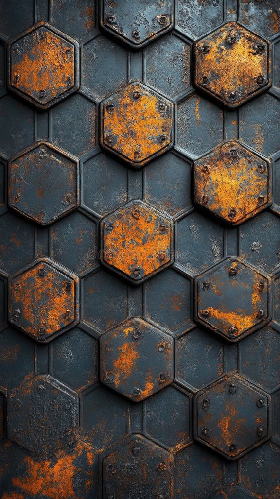 Hexagonal Metal Panel with Rust Patches Showcases Industrial Design and Texture in a Dimly Lit ...