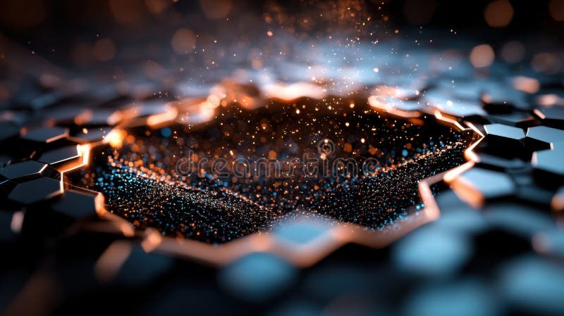 Hexagonal Metallic Structure with Glowing Particles and Defocused Light ...