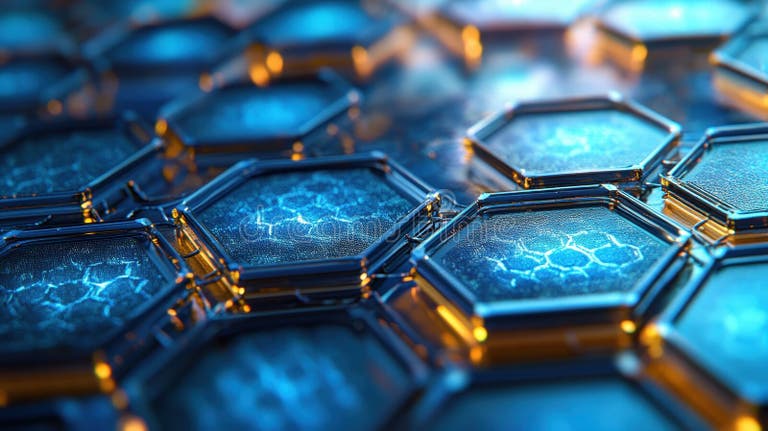 Hexagonal Network Blue Interconnected Technology Structure with Golden ...