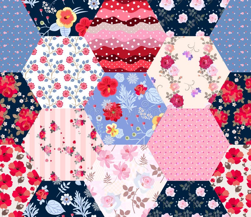 Bright Seamless Patchwork Pattern in Red Colors. Patches with Floral ...