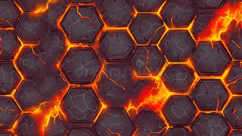 Hexagonal Pattern with Glowing Lava Cracks and Dark Stone Background ...