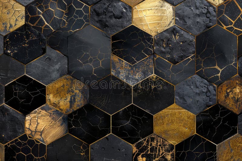Hexagonal Pattern on a Wall with Metallic Gold and Dark Grey Textures ...