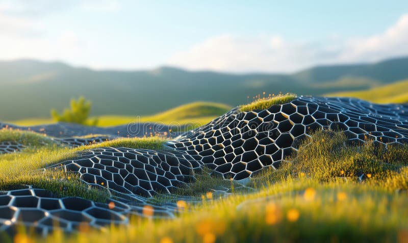 Hexagonal Patterned Landscape with Lush Green Grass and Rolling Hills ...