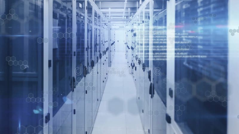 Hexagonal Patterns and Data Streams Animation Over Server Racks in Data Center Stock Video ...