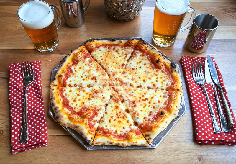 Hexagonal Pizza with Beer and Cutlery on Table Stock Illustration ...