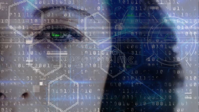 Hexagonal Shapes and Binary Coding Data Processing Against Close Up of a Female Eye Stock Video ...