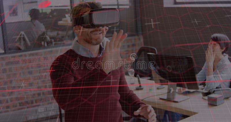 Hexagonal Shapes and Data Processing Against Caucasian Man Wearing Vr ...