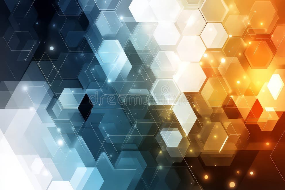 Hexagonal Shapes in Gradient of Blue, White, and Orange with Light Effects Create Dynamic ...