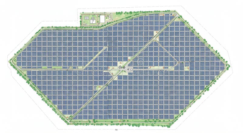 Hexagonal Solar Farm Layout with Numerous Blue Solar Panels Arranged in ...