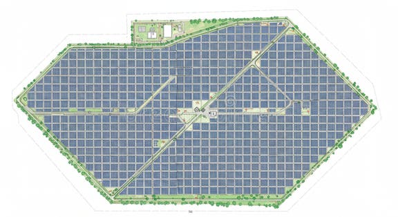 Hexagonal Solar Farm Layout with Numerous Blue Solar Panels Arranged in ...