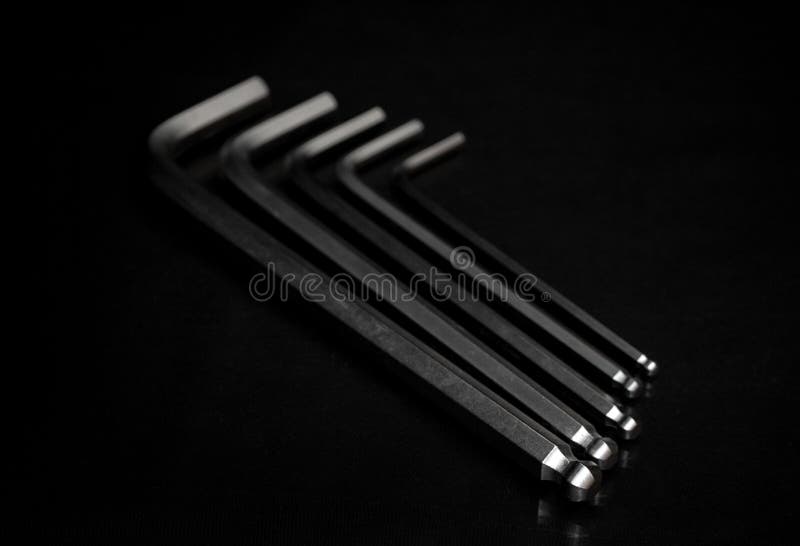 Hexagonal Stainless Allen Keys on Black Background Stock Image - Image ...